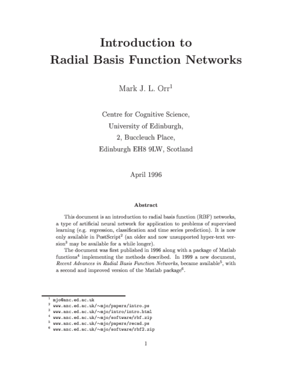 Pdf Introduction To Radial Basis Function Networks