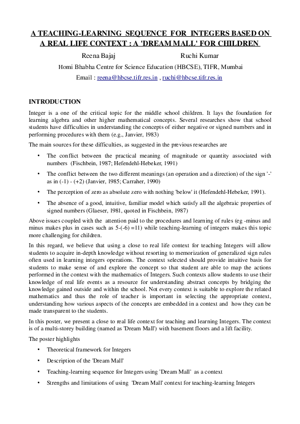 (PDF) A teaching learning sequence for integers based on real life ...