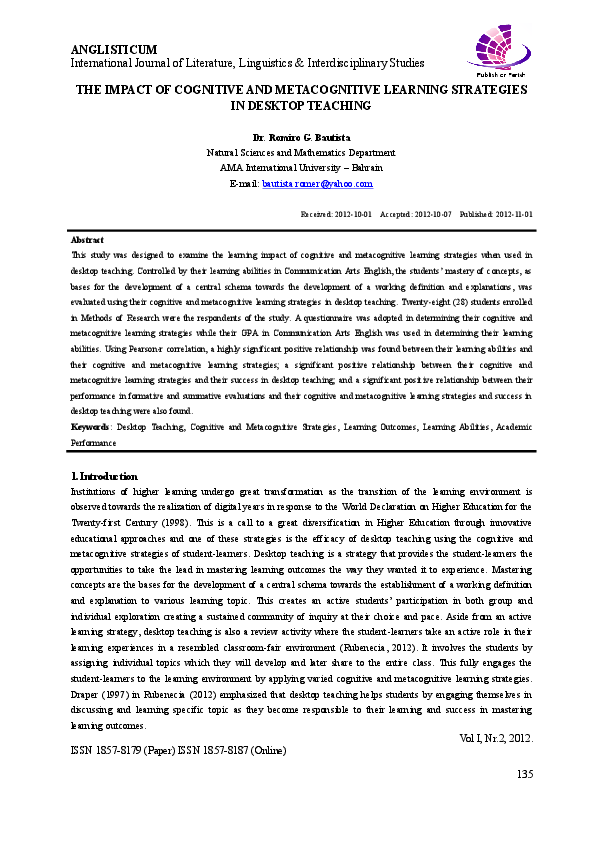 Pdf The Impact Of Cognitive And Metacognitive Learning Strategies In Desktop Teaching