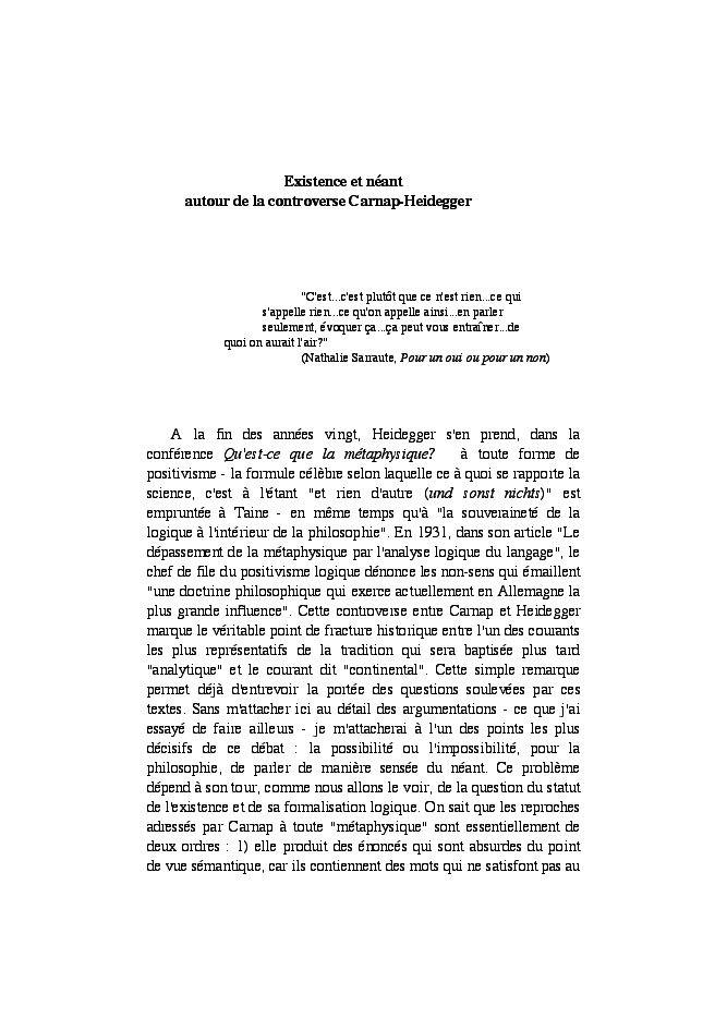(PDF) Existence et néant. Autour de la controverse Carnap-Heidegger