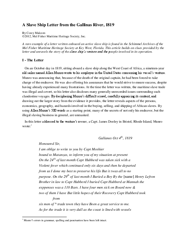 A Slave Ship Letter From the Gallinas River, 1819