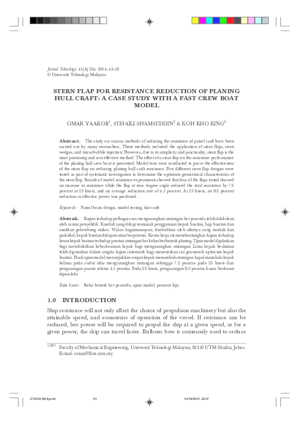 (PDF) STERN FLAP FOR RESISTANCE REDUCTION OF PLANING HULL CRAFT: A CASE ...