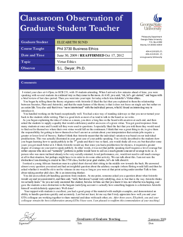 (PDF) Official observation report of my teaching at Georgia State ...