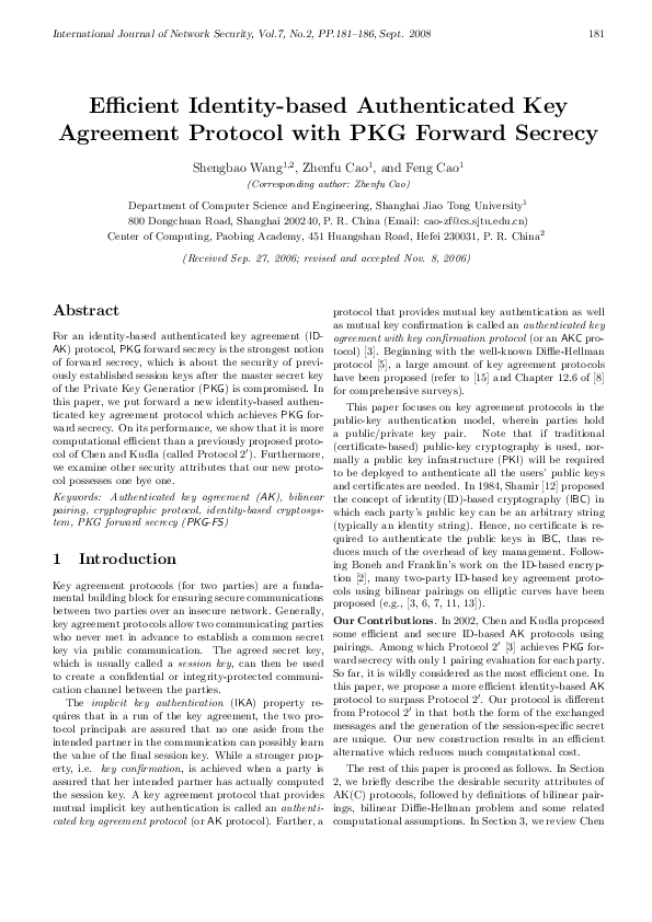 Pdf Efficient Identity Based Authenticated Key Agreement Protocol