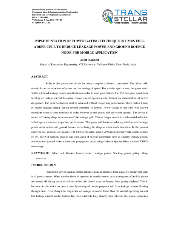 Pdf Implementation Of Power Gating Technique In Cmos Full Adder Cell