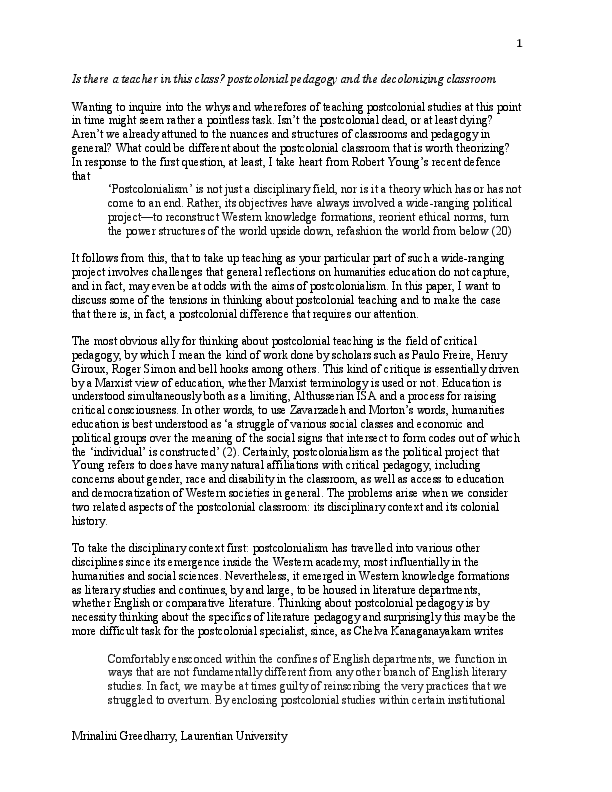 Pdf Is There A Teacher In This Class Postcolonial Pedagogy And The
