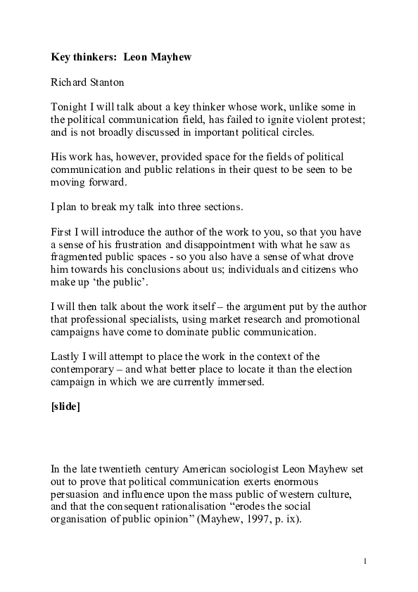 (DOC) Key Thinkers: Leon Mayhew and a New Political Paradigm