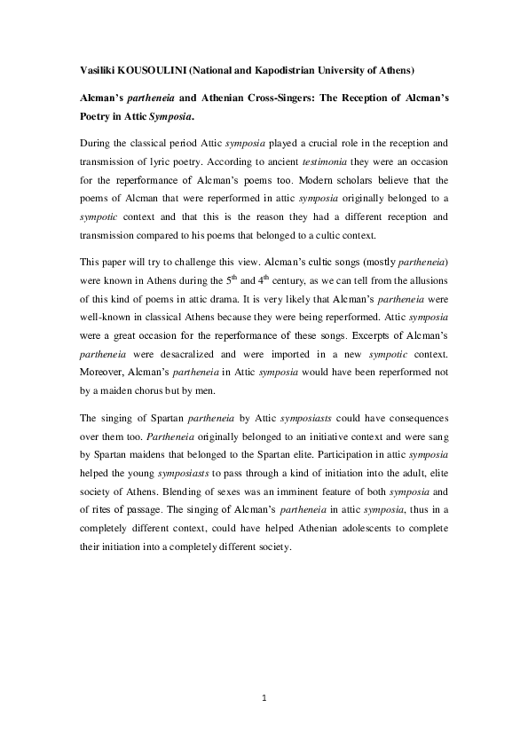 (DOC) Alcman’s partheneia and Athenian Cross-Singers: The Reception of ...