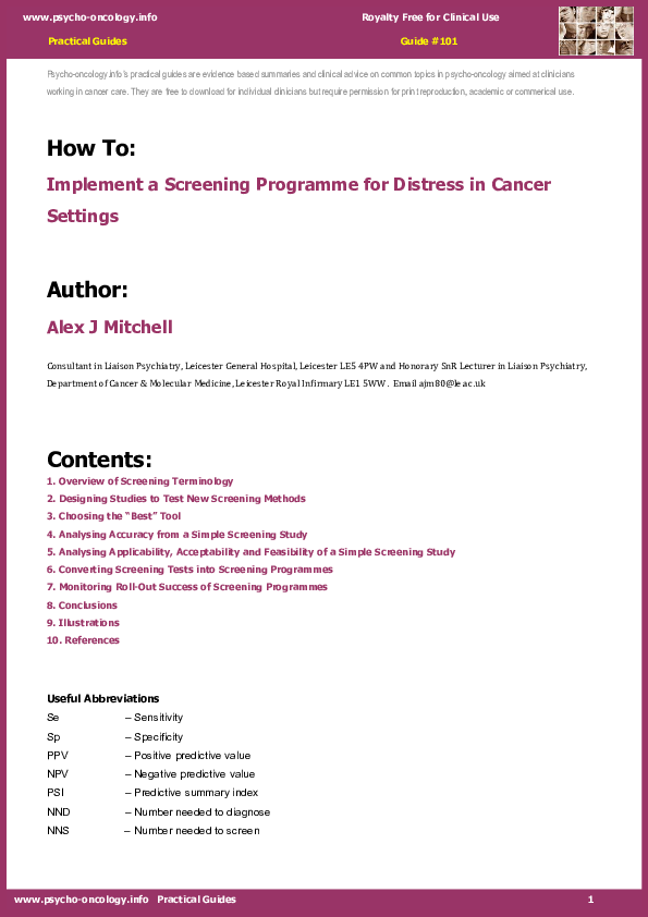 (PDF) How To: Implement a Screening Programme for Distress in Cancer ...
