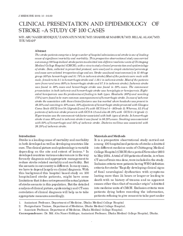 (PDF) Clinical Presentation and Epidemiology of Stroke :A Study of 100 ...