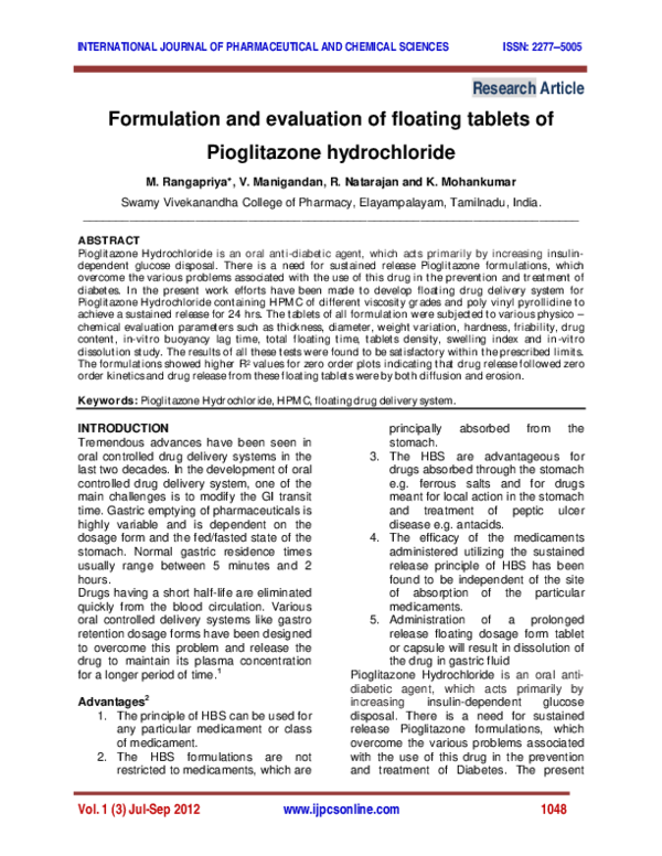 Pdf Formulation And Evaluation Of Floating Tablets Of Pioglitazone Hydrochloride