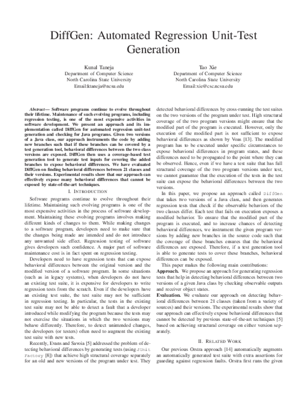 (PDF) DiffGen: Automated regression unit-test generation