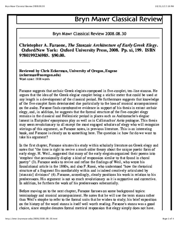 (PDF) Review: Christopher A. Faraone, The Stanzaic Architecture of ...