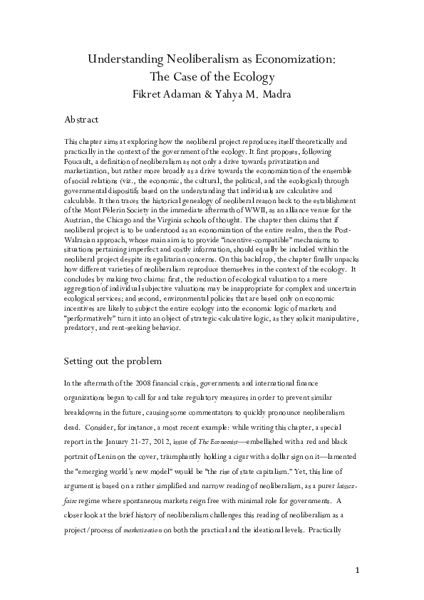 (PDF) Understanding Neoliberalism as Economization: The Case of the Ecology