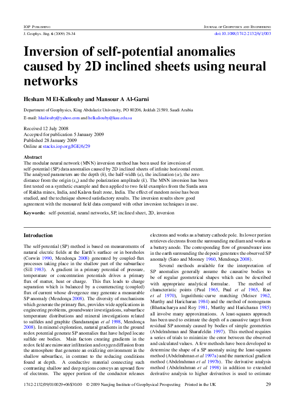 Pdf Inversion Of Self Potential Anomalies Caused By 2d Inclined Sheets Using Neural Networks