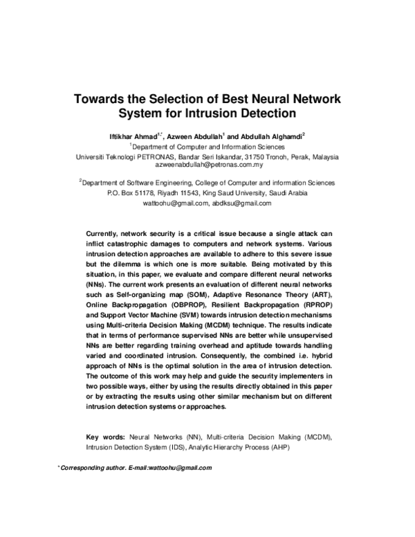 Pdf Towards The Selection Of Best Neural Network System For Intrusion Detection Azween