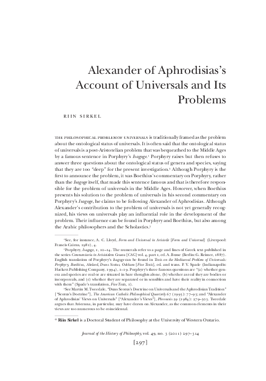 (PDF) Alexander of Aphrodisias's Account of Universals and Its Problems