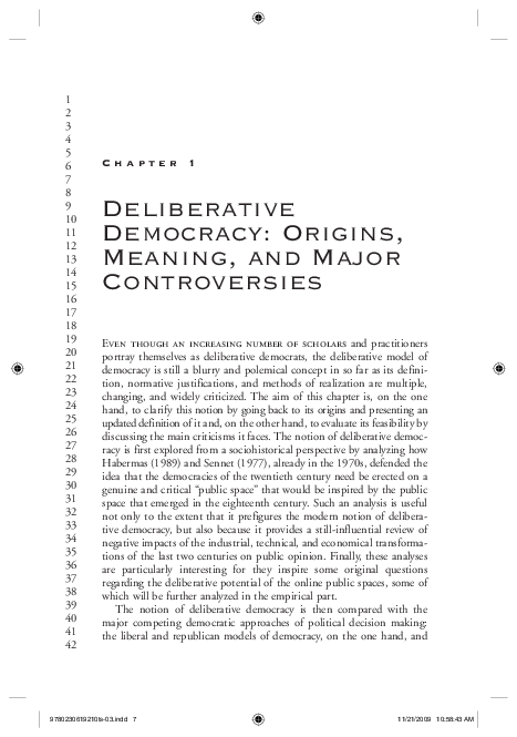 (PDF) Deliberative democracy: Origins, Meanings and Major Controversies