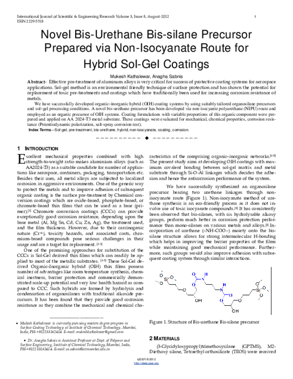 (PDF) Novel Bis-Urethane Bis-silane Precursor Prepared via Non ...