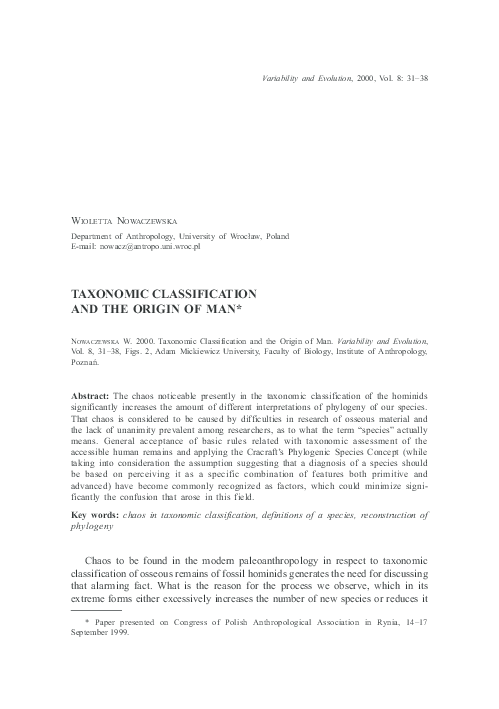 (PDF) Taxonomic Classification and the Origin of Man