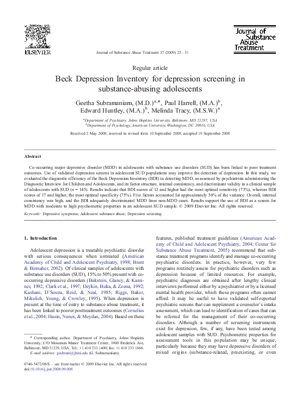 (PDF) Beck Depression Inventory for depression screening in substance ...