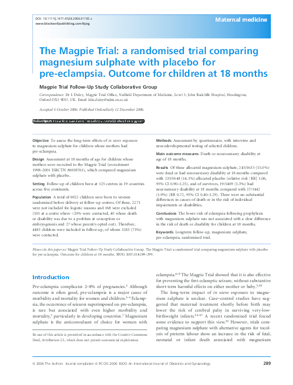 (PDF) The Magpie trial: a randomised trial comparing magnesium sulphate ...