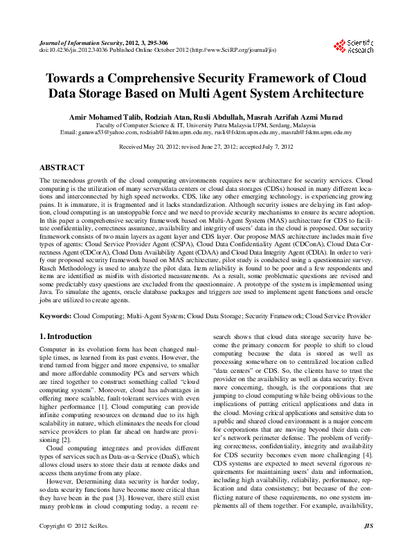 Pdf Towards A Comprehensive Security Framework Of Cloud Data Storage Based On Multi Agent