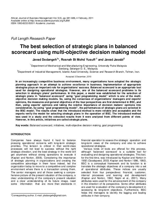 (PDF) The best selection of strategic plans in balanced scorecard using multi-objective decision ...