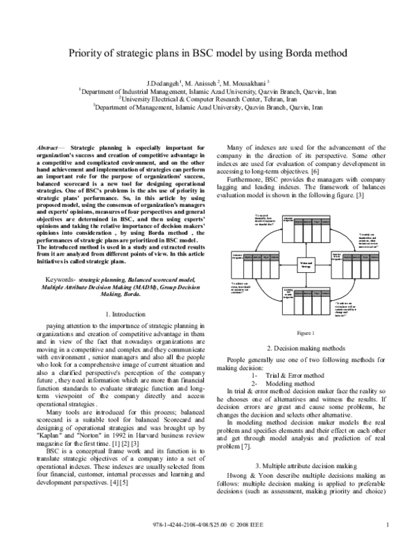 (PDF) Priority of strategic plans in BSC model by using Borda method