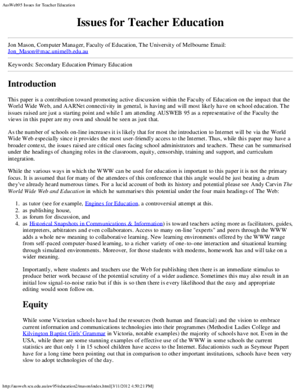 (PDF) Issues for Teacher Education