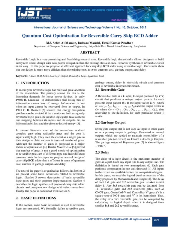 (PDF) Quantum Cost Optimization for Reversible Carry Skip BCD Adder