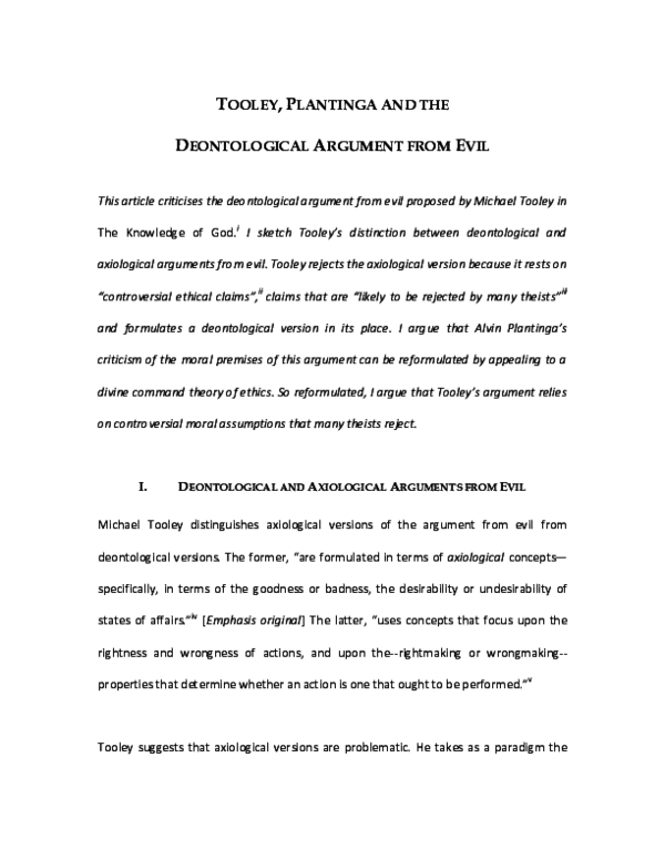 (DOC) Tooley, Plantinga and the Deontological argument from evil