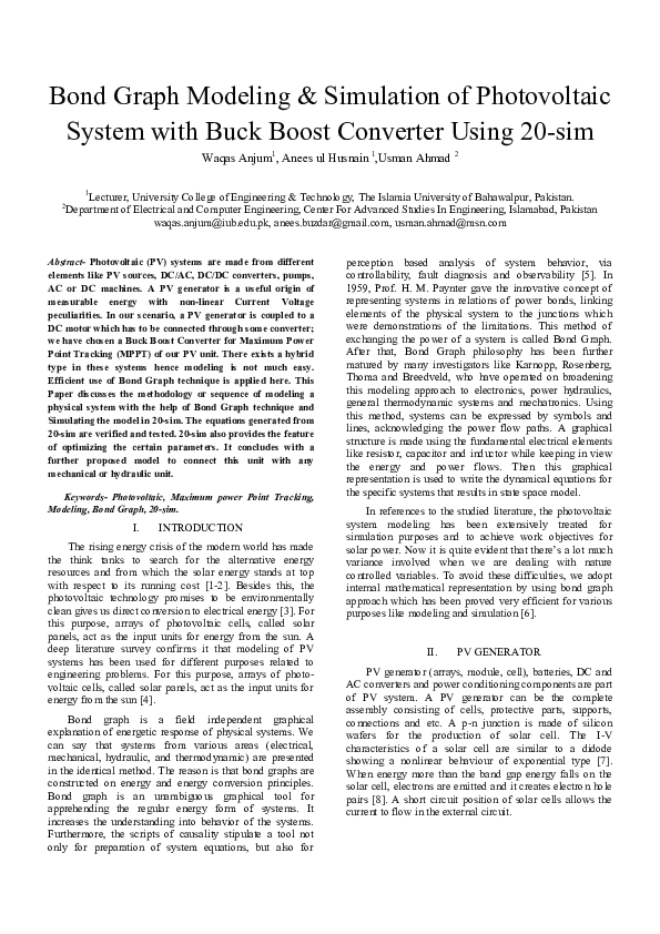 Pdf Bond Graph Modeling And Simulation Of Photovoltaic System With Buck Boost Converter Using 20 Sim