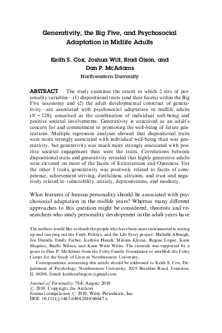 (PDF) Generativity, the Big Five, and Psychosocial Adaptation in ...