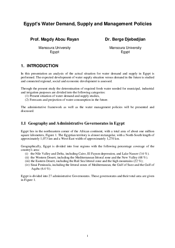 (PDF) Egypt’s Water Demand, Supply and Management Policies