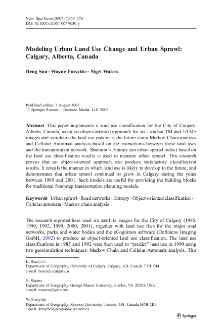 (PDF) Modeling urban land use change and urban sprawl: Calgary, Alberta ...