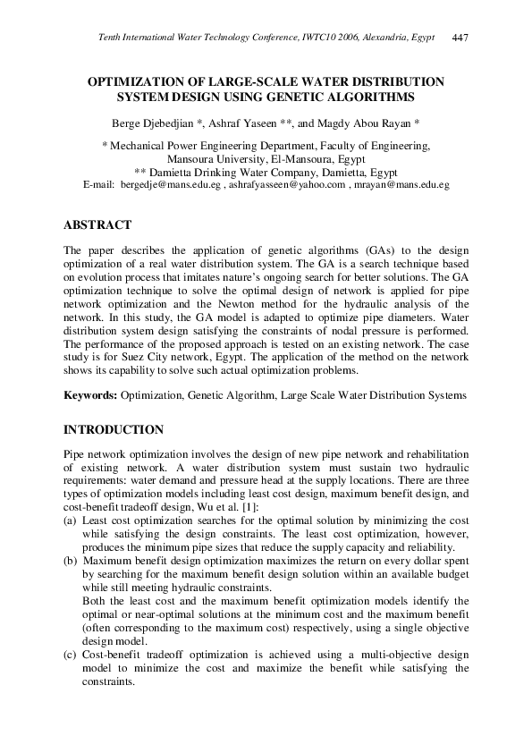 (PDF) OPTIMIZATION OF LARGE-SCALE WATER DISTRIBUTION SYSTEM DESIGN USING GENETIC ALGORITHMS