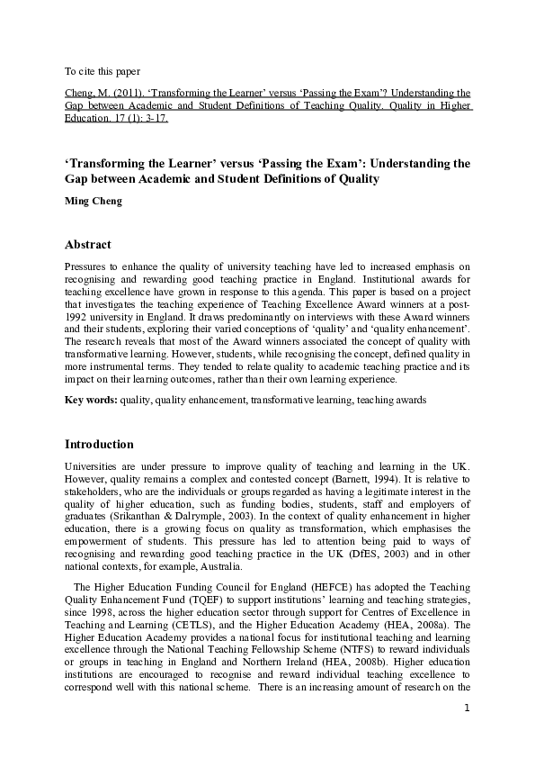 (DOC) Cheng, M. (2011). ‘Transforming the Learner’ versus ‘Passing the ...