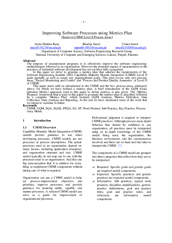 (PDF) Improving Software Processes using Metrics Plan