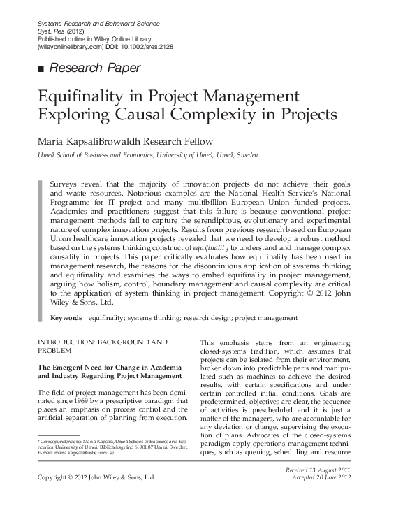 (PDF) Equifinality in Project Management exploring causal complexity in projects