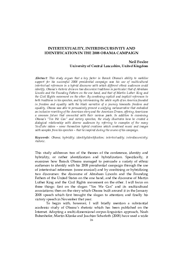 (PDF) Intertextuality, Interdiscursivity and Identification in the 2008 ...