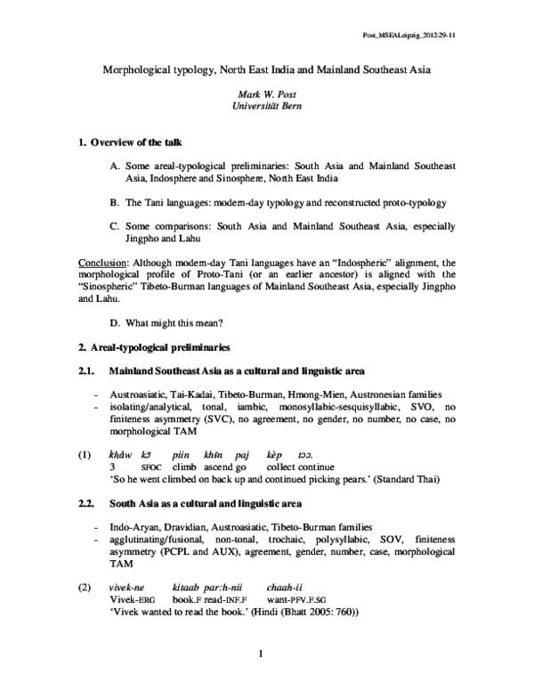 Morphological typology, North East India and Mainland Southeast Asia