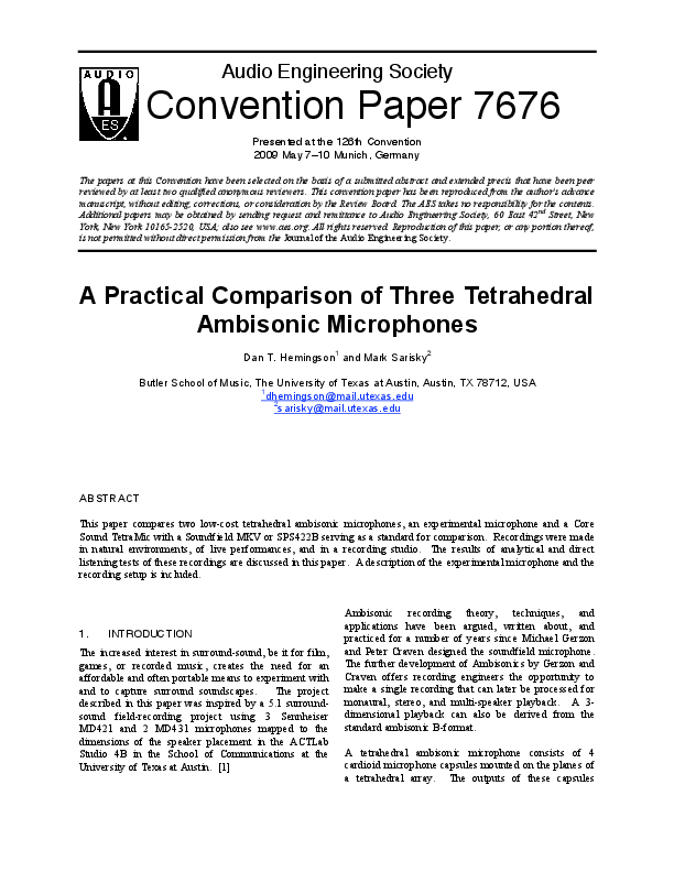 (PDF) A Practical Comparison of Three Tetrahedral Ambisonic Microphones