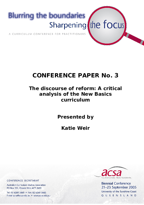 (DOC) CONFERENCE PAPER No. 3 The discourse of reform: A critical ...