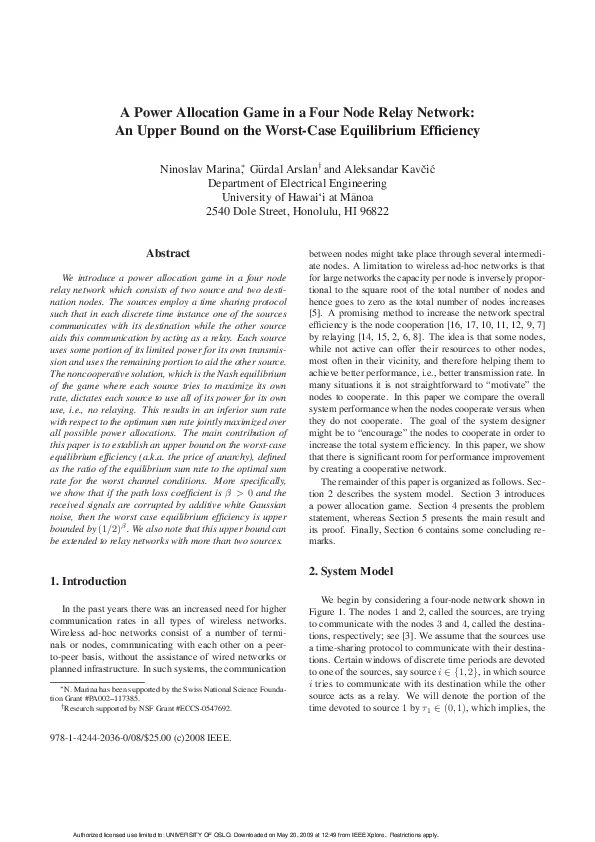 Pdf A Power Allocation Game In A Four Node Relay Network An Upper