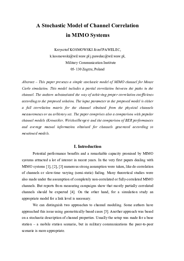 (PDF) A Stochastic Model of Channel Correlation in MIMO Systems