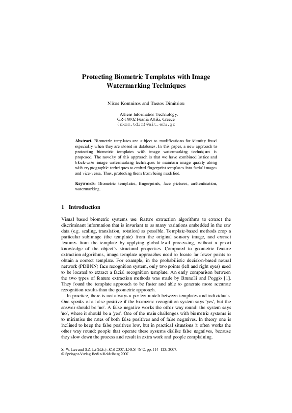 Pdf Protecting Biometric Templates With Image Watermarking Techniques