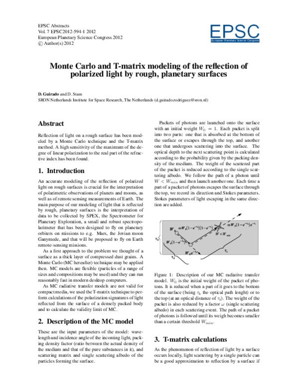 Pdf Monte Carlo And T Matrix Modeling Of The Reflection Of Polarized Light By Rough Planetary