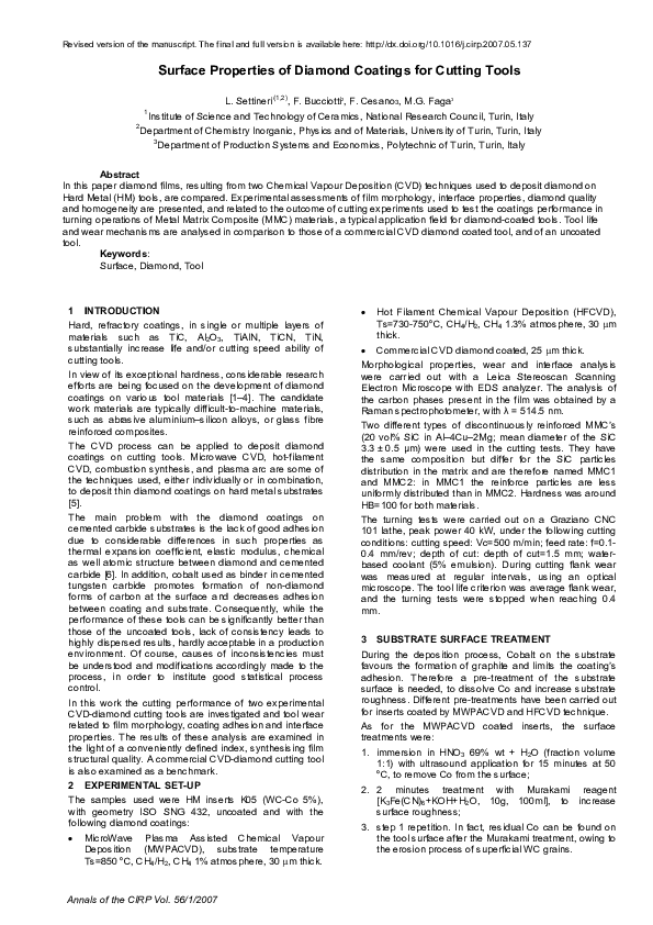 (PDF) Surface properties of diamond coatings for cutting tools