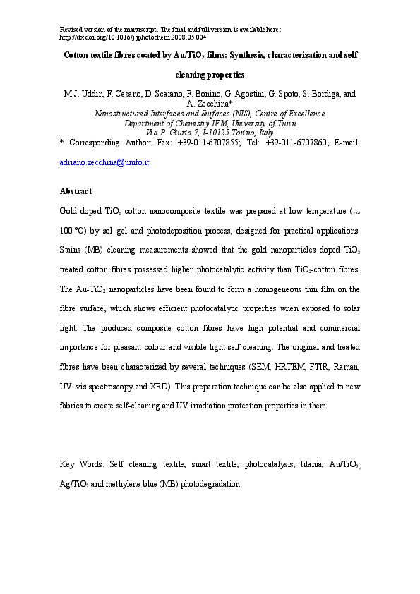 (PDF) Cotton textile fibres coated by Au/TiO2 films: Synthesis ...